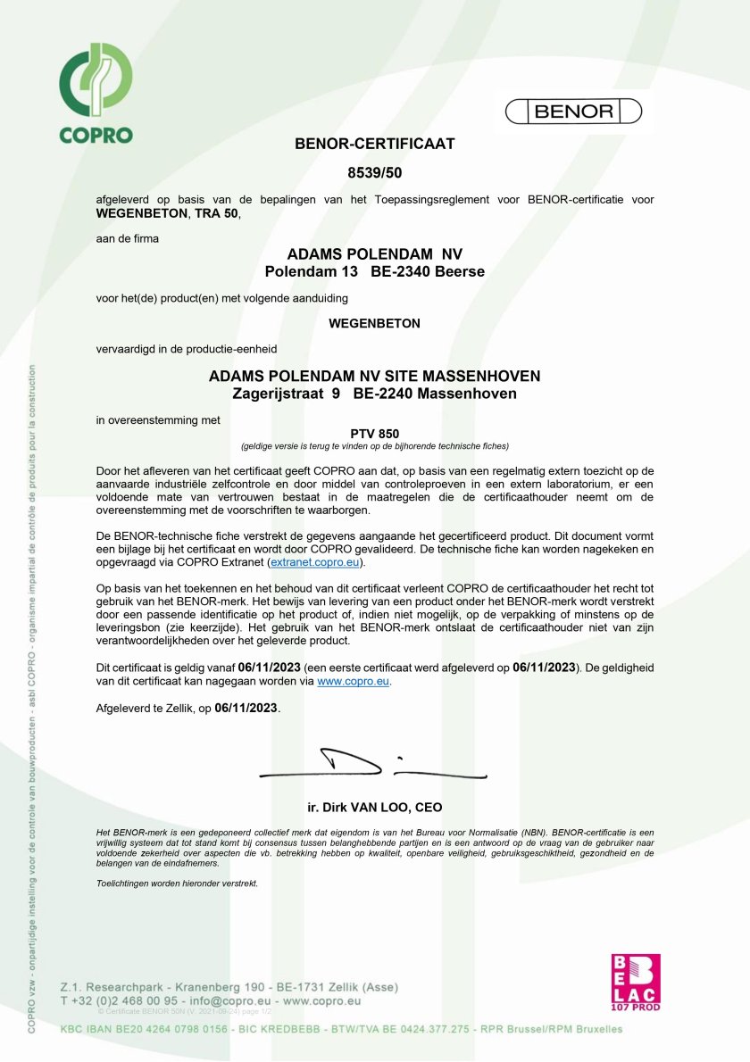 Adams Polendam Verkrijgt Tweede Certificatie voor Wegenbeton (Tra 50) | Adams Polendam
